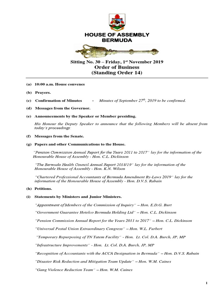 Order of Business Friday, November 1, 2019 | PDF | The Honourable ...