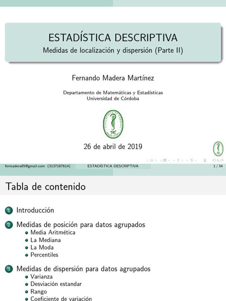 Estad Istica Descriptiva: Medidas de Localizaci On y Dispersi On (Parte II) | PDF | Desviación ...