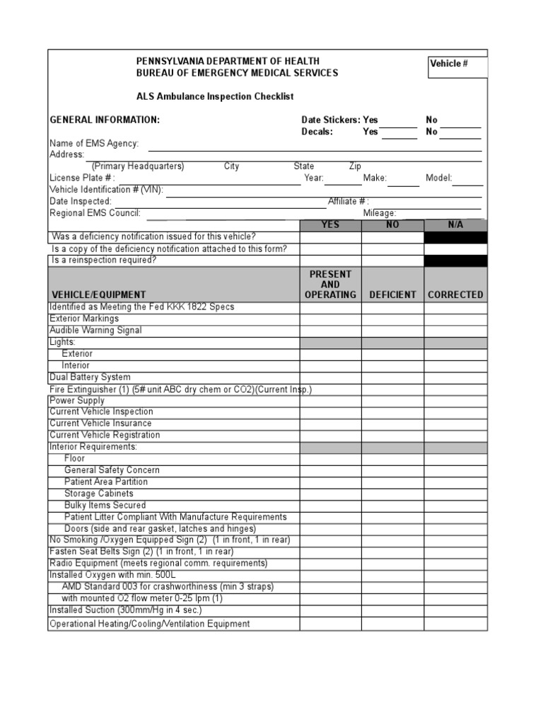 Pennsylvania Department of Health Bureau of Emergency Medical Services ALS Ambulance Inspection ...