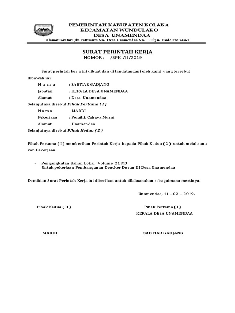 Surat Perintah Kerja Desa Unamendaa | PDF