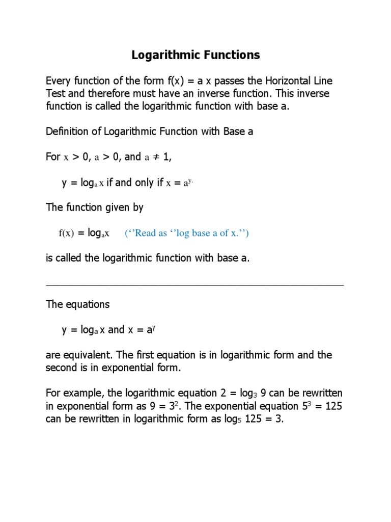 Logarithmic Functions: ( 'Read As 'Log Base A of X.'') | PDF
