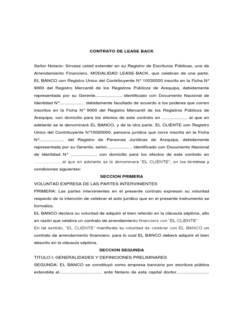Contrato de Lease Back Ya | PDF | Póliza de seguros | Hipoteca Comercial
