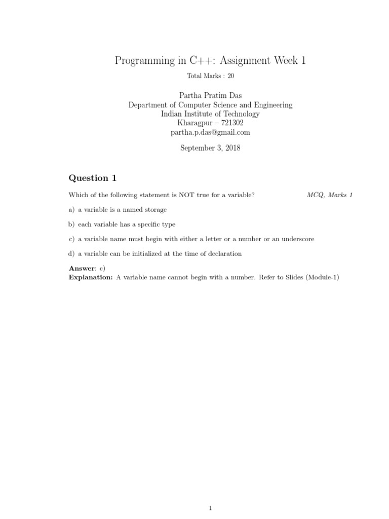 Programming In C Assignment Week 1 Pdf Computer Science Computer Programming 3515