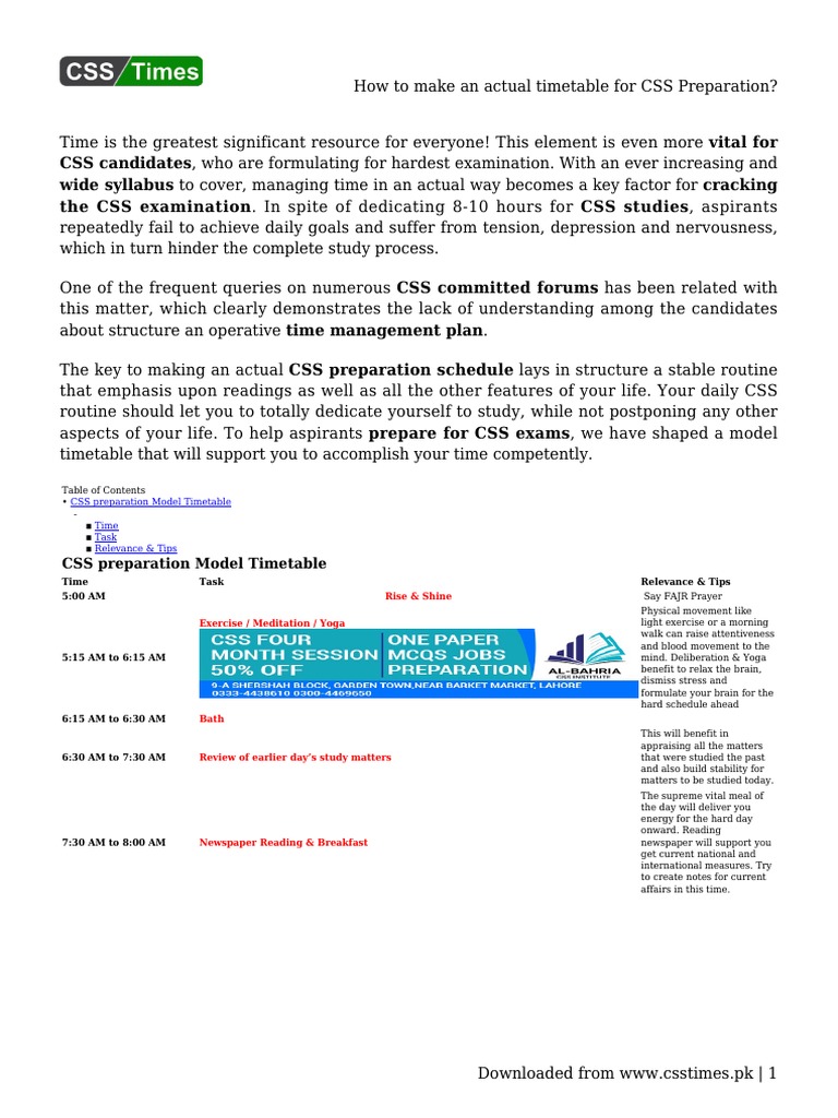 Timetable For CSS | PDF | Meal | Lunch
