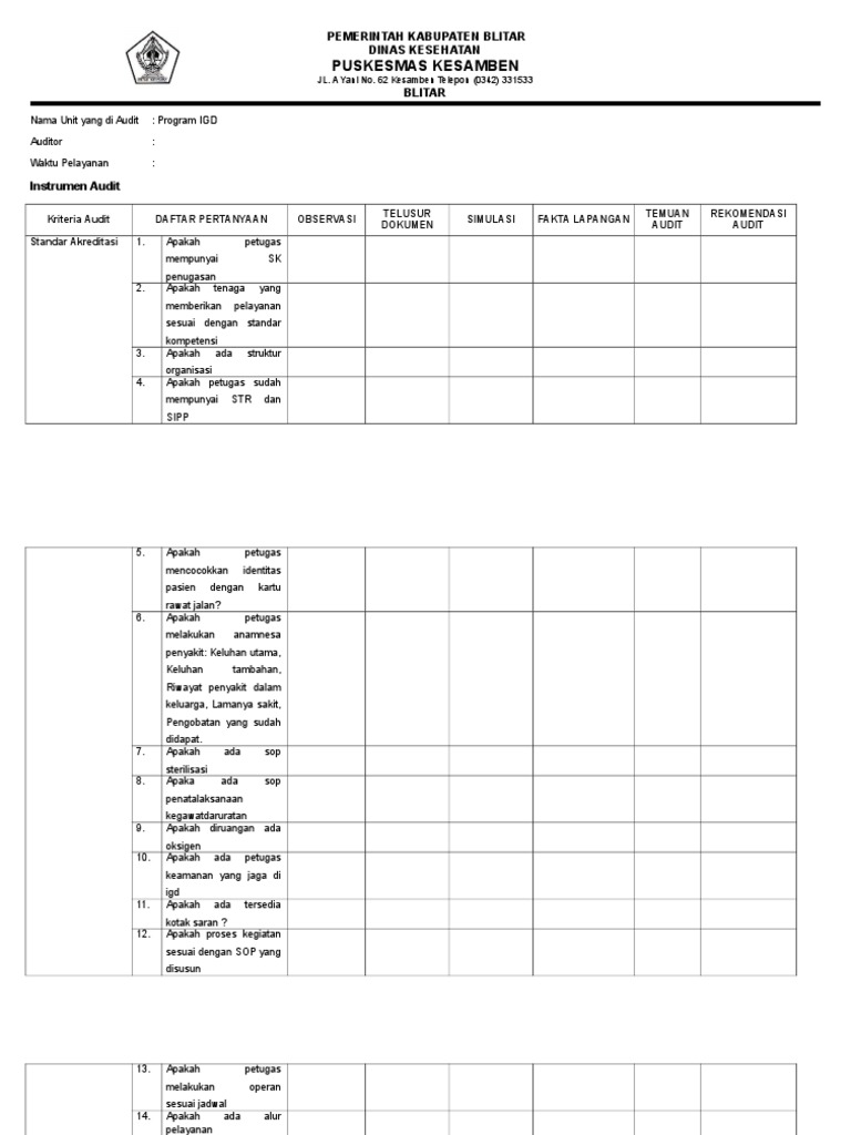 Audit Program IGD Puskesmas Kesamben | PDF