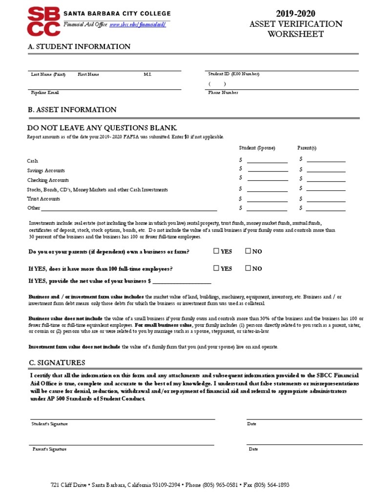 A. Student Information: Asset Verification Worksheet | PDF ...