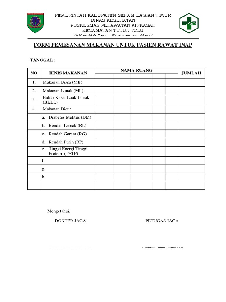 Form Pemesanan Makanan Puskesmas Perawatan Air Kasar | PDF