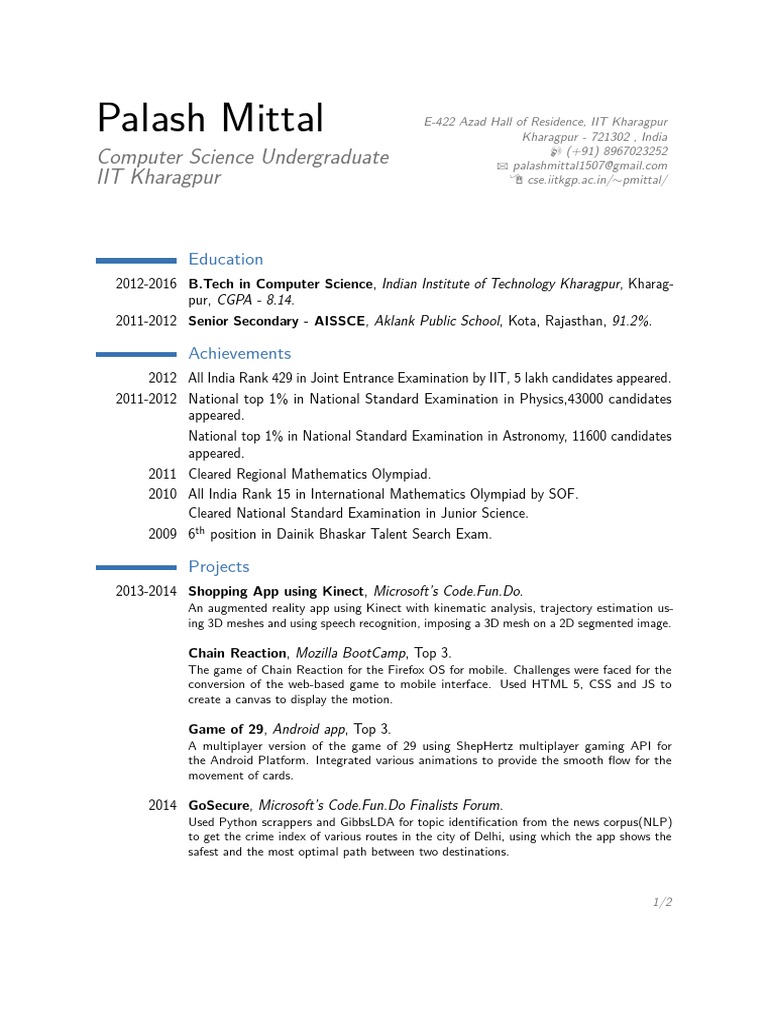 Palash Mittal: Computer Science Undergraduate IIT Kharagpur | PDF | Computer Science | Software