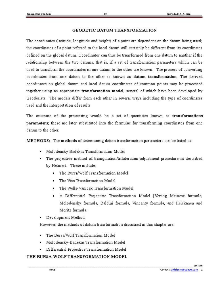 Datum Transformation | PDF | Geodesy | Latitude