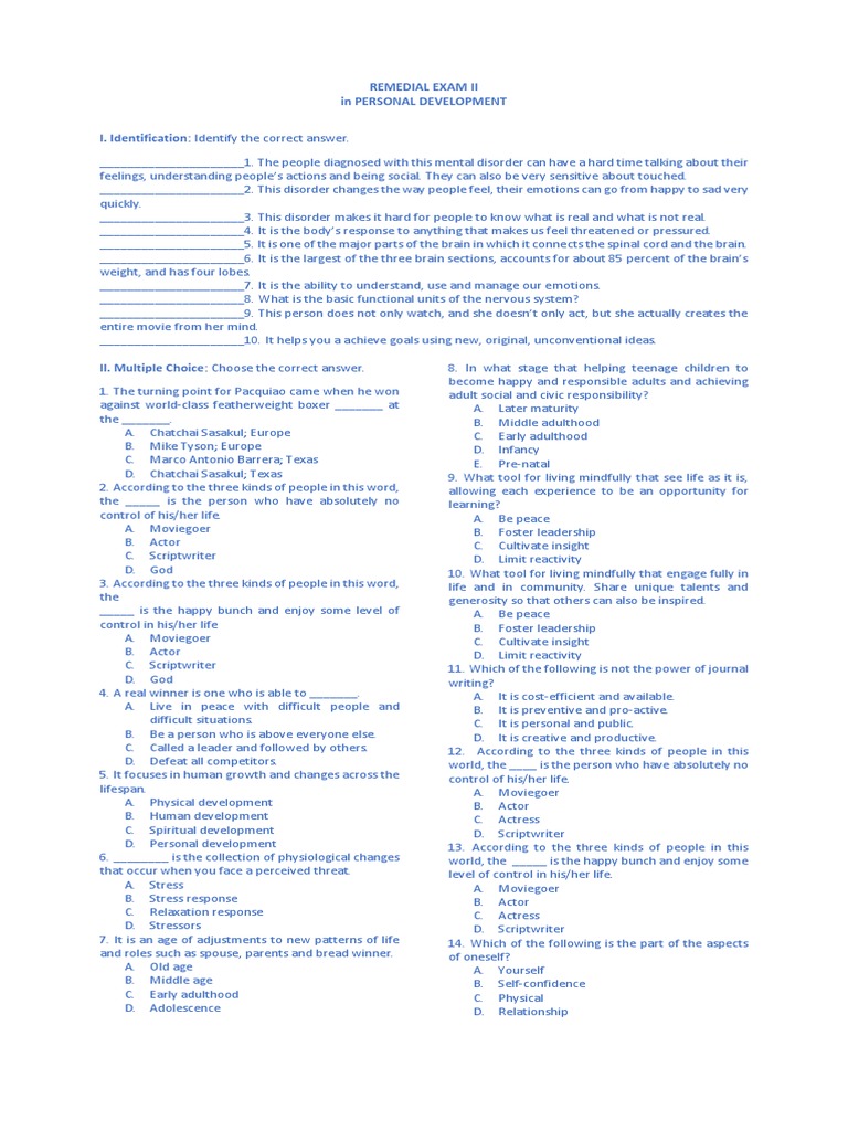 Remedial Exam Ii in Personal Development | PDF | Self | Childhood