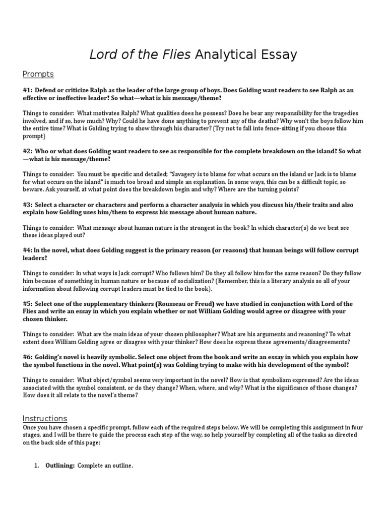 Lord of The Flies Analytical Essay: Prompts | PDF | Reason | Essays