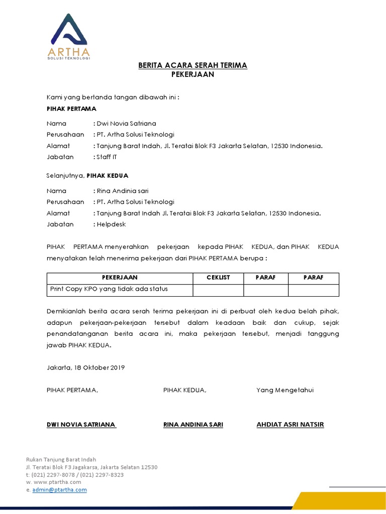 Berita Acara Serah Terima Pekerjaan | PDF