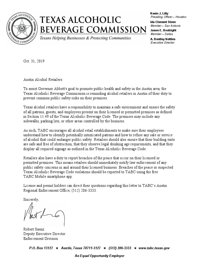 TABC Letter To Alcoholic Retail Establishments | PDF | Texas | Government