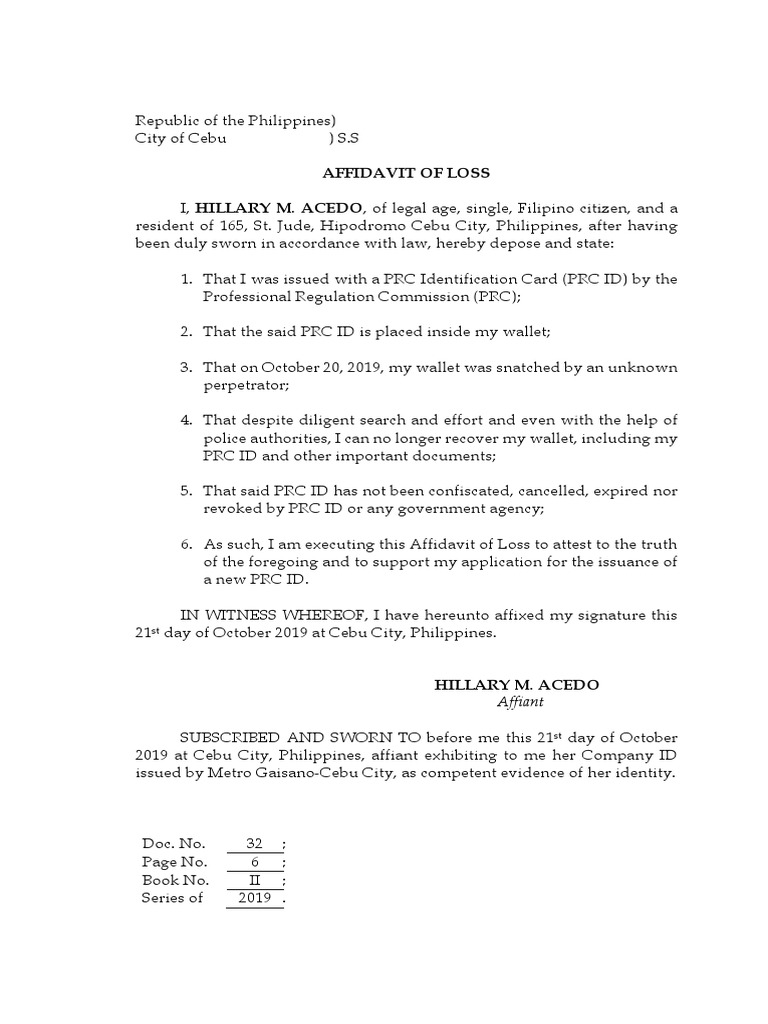 10.21. Affidavit of Loss (PRC - Acedo)