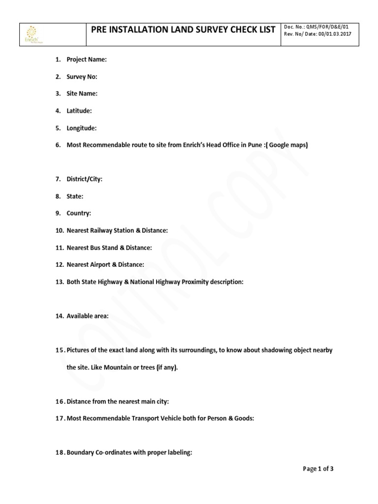 Pre-Installation Land Survey Checklist | PDF | Earth Sciences | Transport