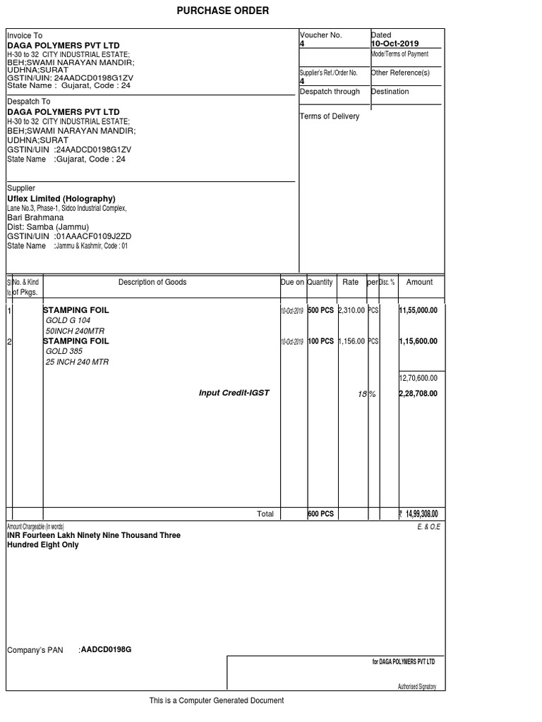 Daga Polymers PVT LTD: Invoice To | PDF | Service Industries | Services ...