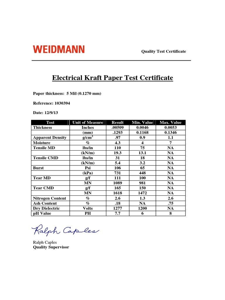 Electrical Kraft Paper Test Certificate | PDF