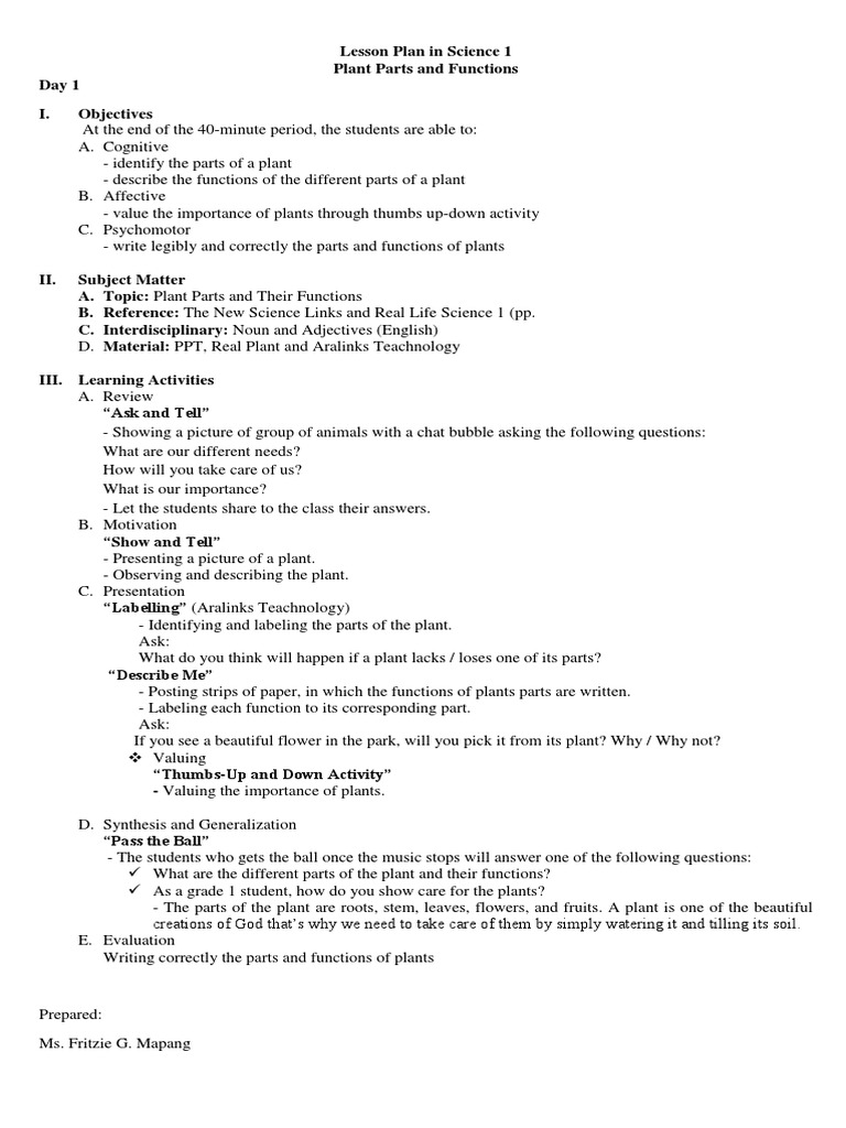 Lesson Plan in Plant Parts and Functions | PDF | Plants | Science