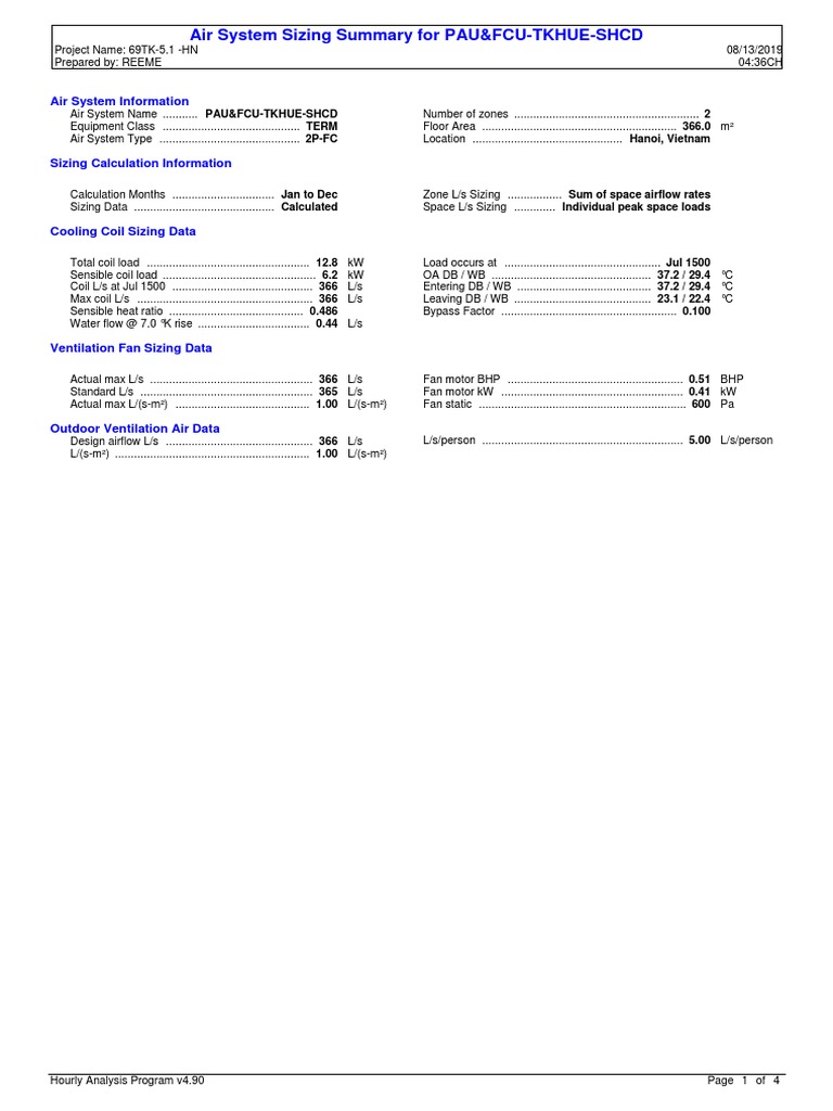 Air System Sizing Summary For PAU&FCU-TKHUE-SHCD | PDF | Hvac ...
