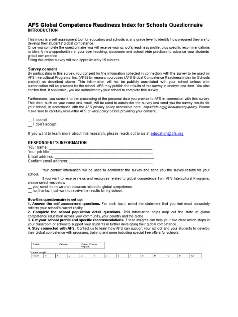 AFS Global Competence Readiness Index For Schools Questionnaire | PDF ...