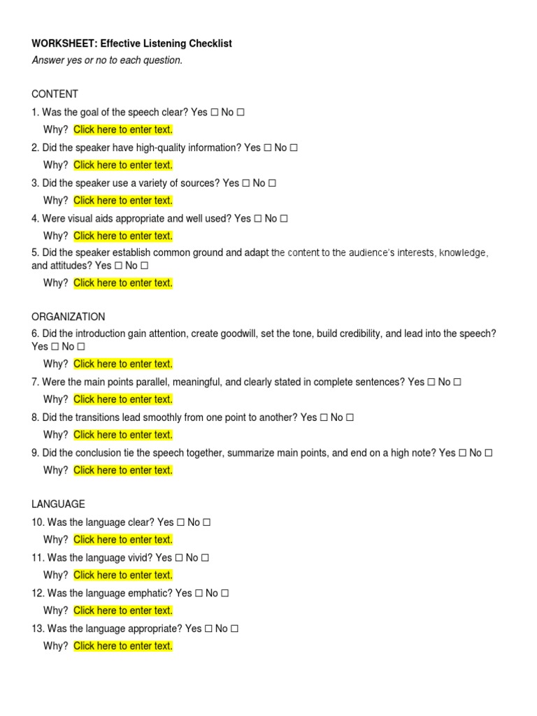 Effective Listening Checklist Worksheet | PDF | Neuropsychological ...