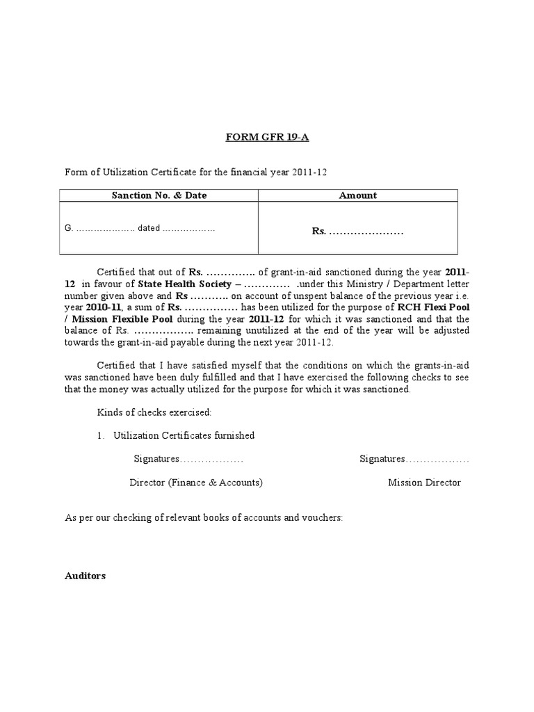 Format of Utilisation Certificate in FORM GFR 19