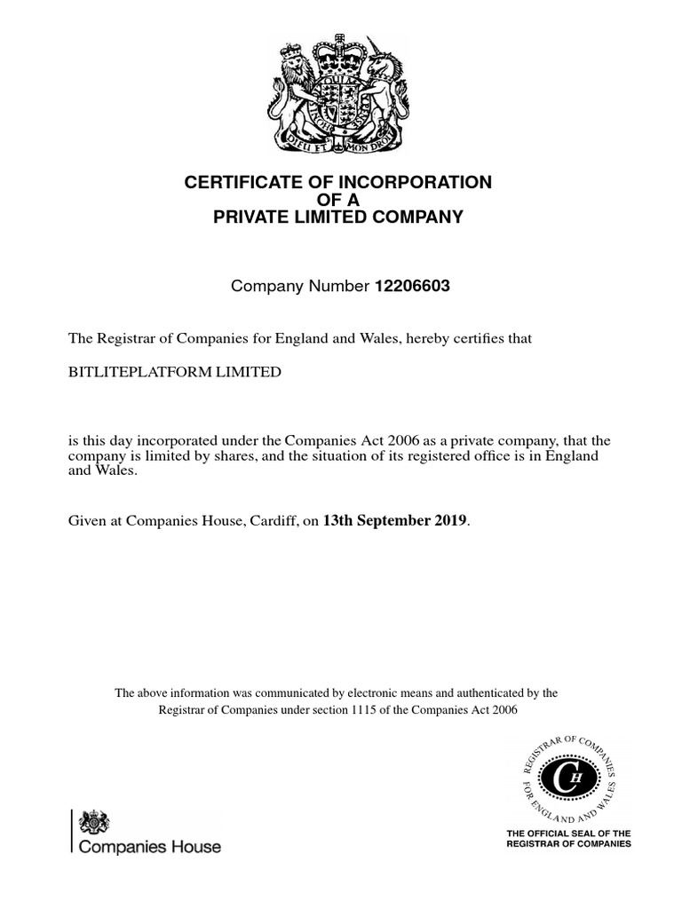 Certificate of Incorporation OFA Private Limited Company | PDF