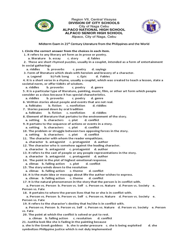 Midterm Exam on Literary Elements and Philippine Literature | PDF ...