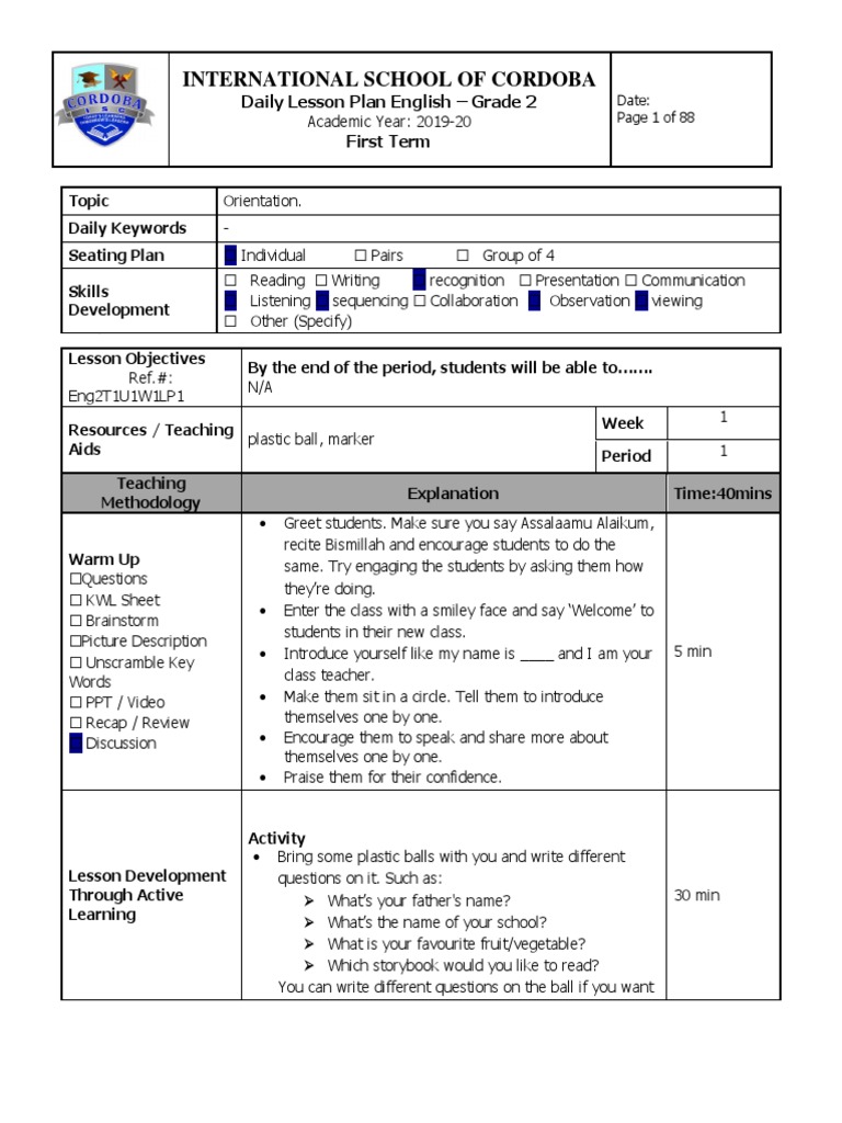 International School of Cordoba: Daily Lesson Plan English - Grade 2 ...