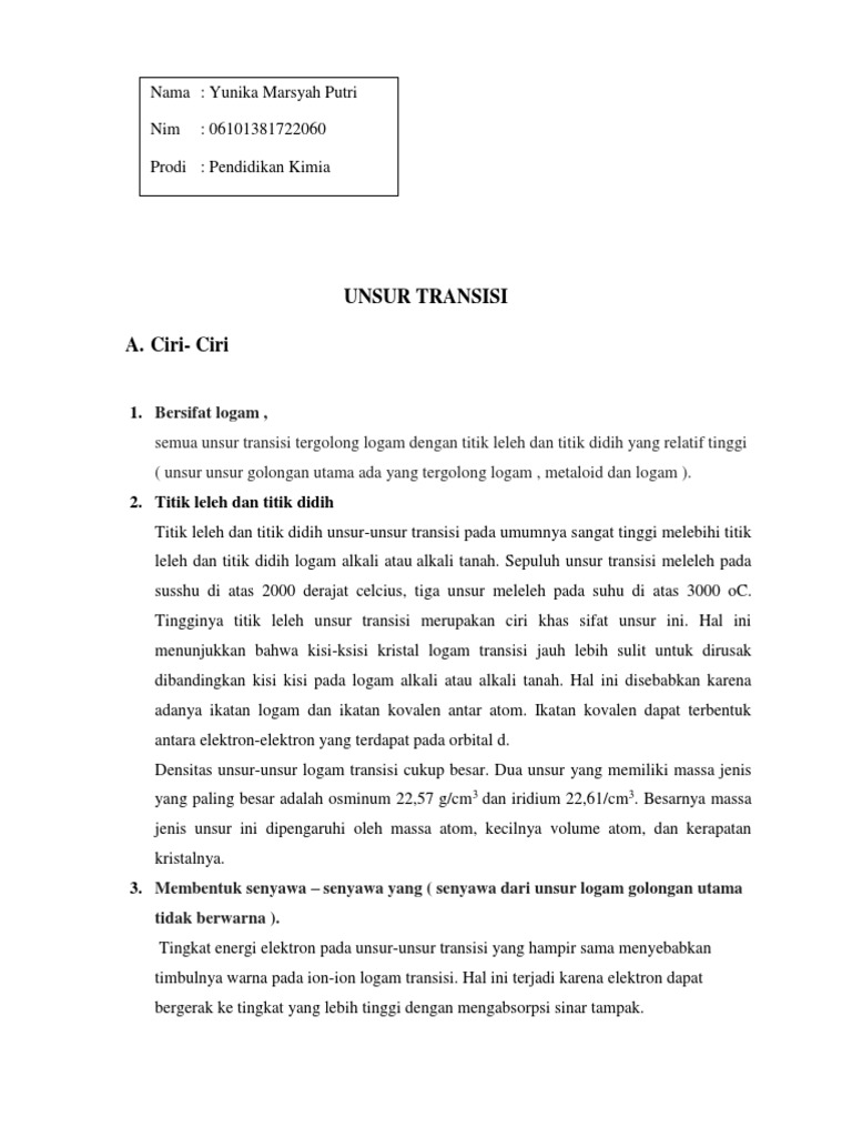 Ciri Dan Sifat Unsur Transisi | PDF