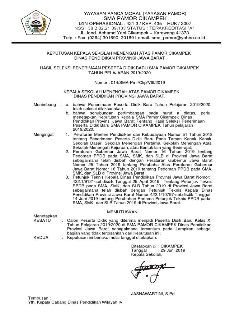 Hasil Seleksi Siswa Baru SMA Pamor | PDF
