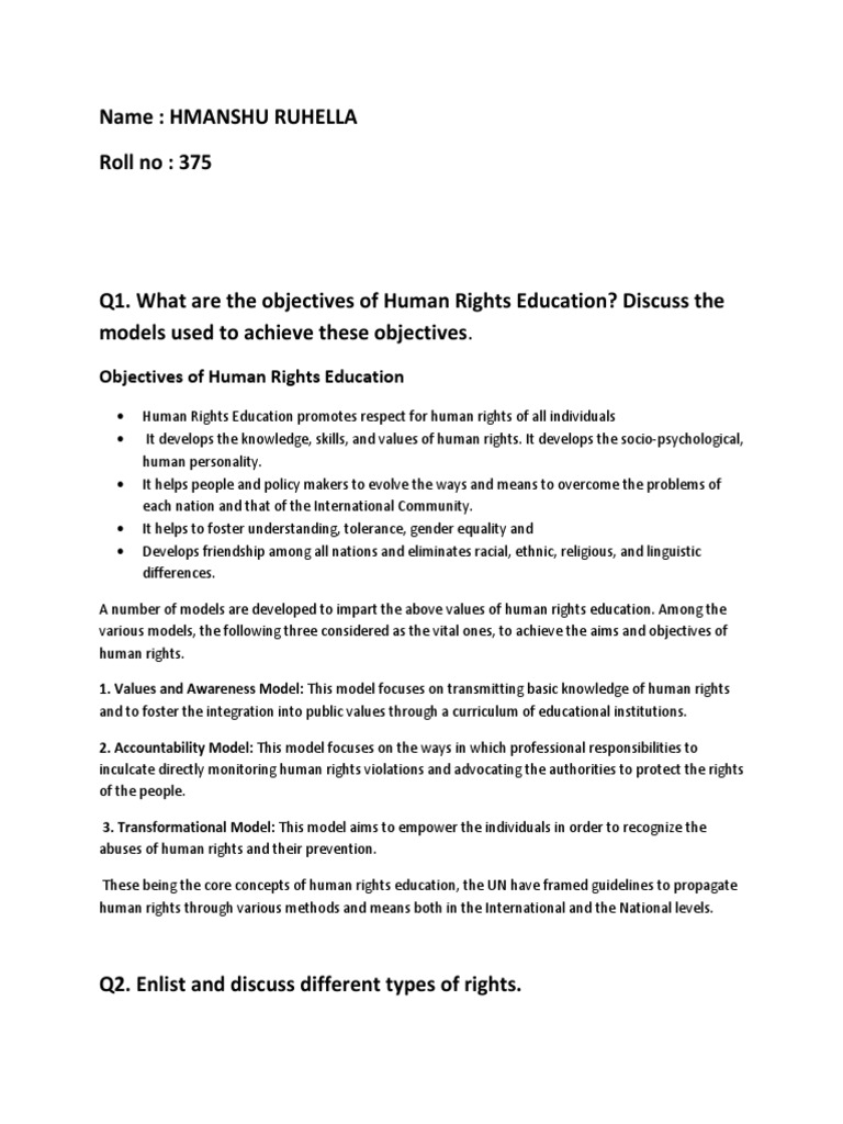 Name: Hmanshu Ruhella Roll No: 375: Objectives of Human Rights ...