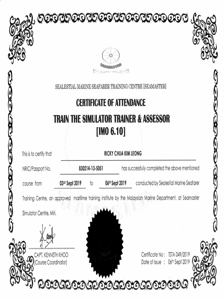 TOT Certificate for Simulator Trainer | PDF | Science & Mathematics ...