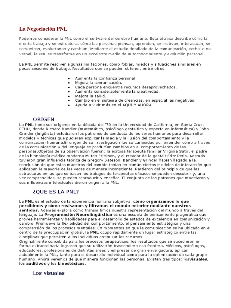 La Negociación PNL | PDF | Programación neurolingüistica | Conceptos psicologicos