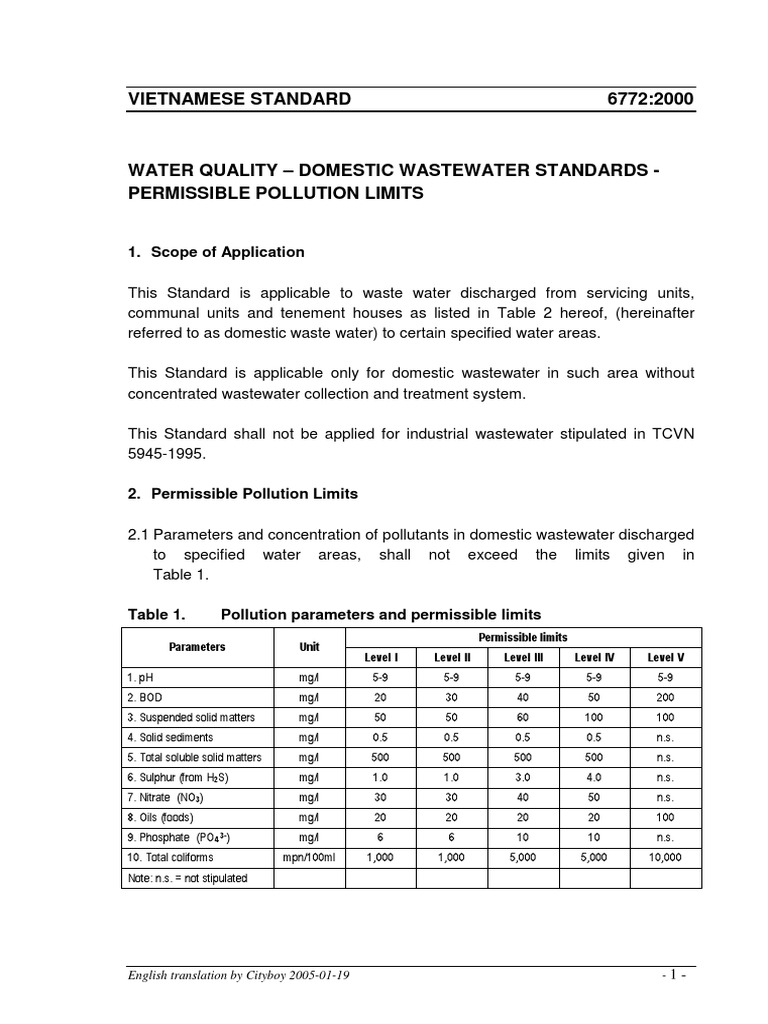 TCVN 6772-2000 Domestic Waste Water Standards-Permssible Pollution (En ...
