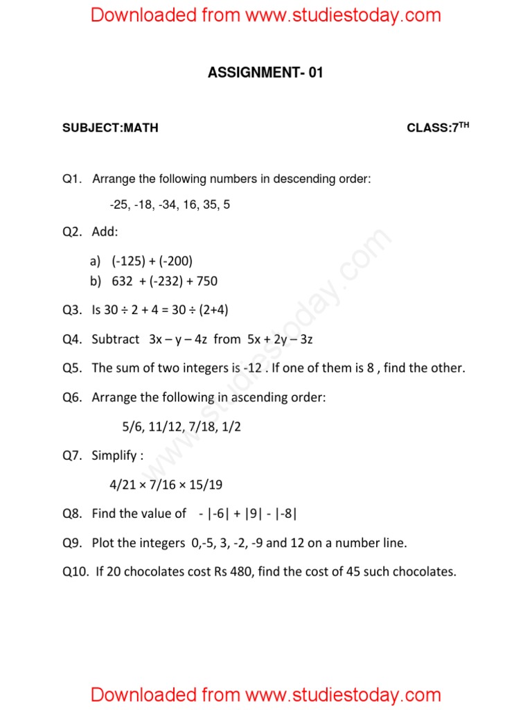 CBSE Class 7 Mathematics Assignment | PDF