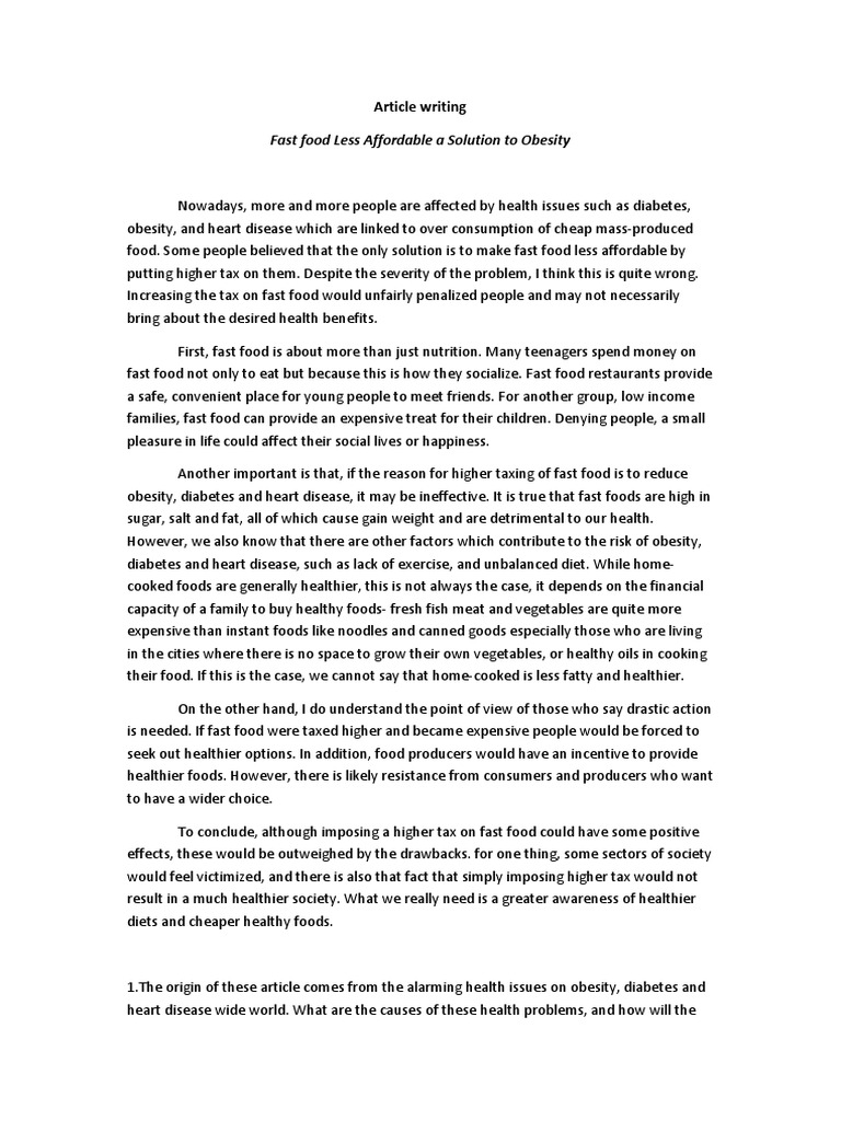 Fast Food Less Affordable A Solution To Obesity: Article Writing ...