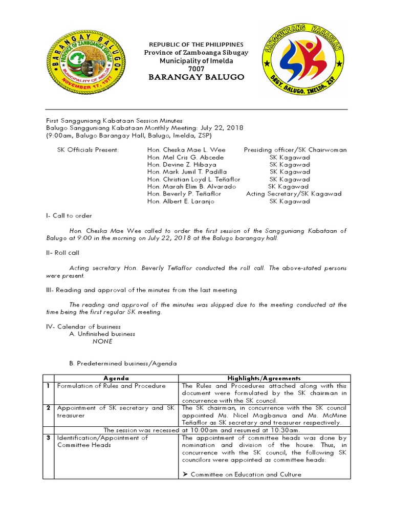 Sangguniang Kabataan Minutes Sample | PDF | Chairman | Secretary