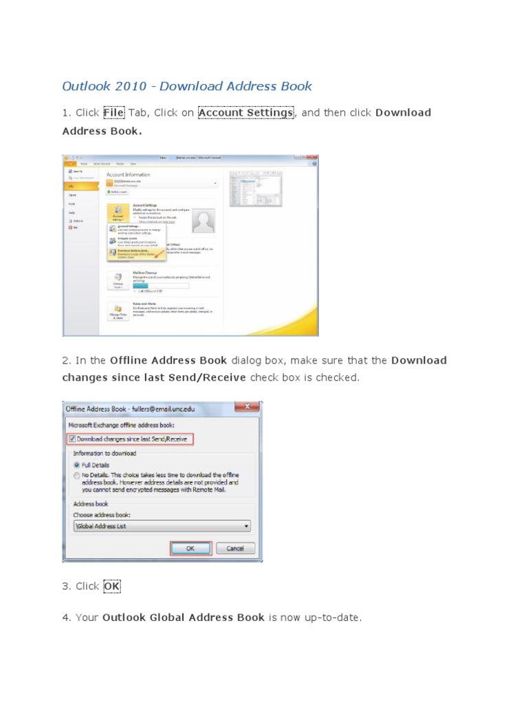 Outlook 2010 - Download Address Book: 1. Click File Tab, Click On ...
