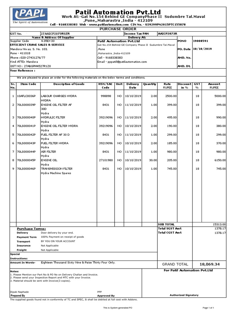 Patil Automation PVT - LTD | PDF | Invoice | Service Industries