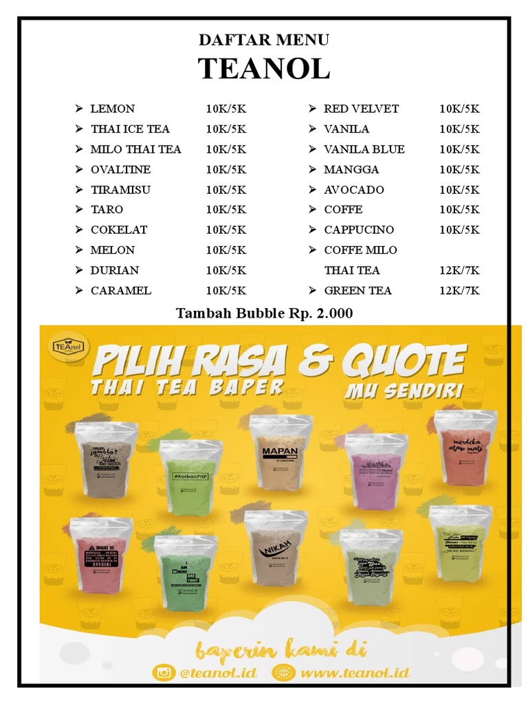 Menu Minuman Teanol Thai Tea | PDF
