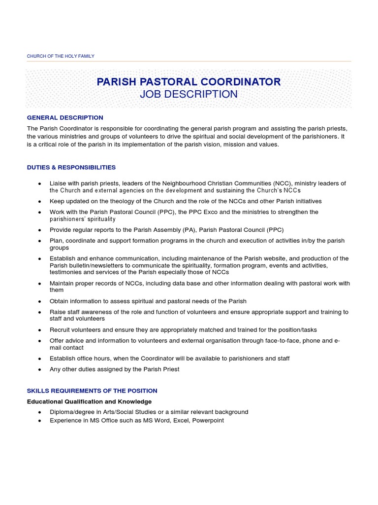 Parish Pastoral Coordinator: Job Description | Download Free PDF ...