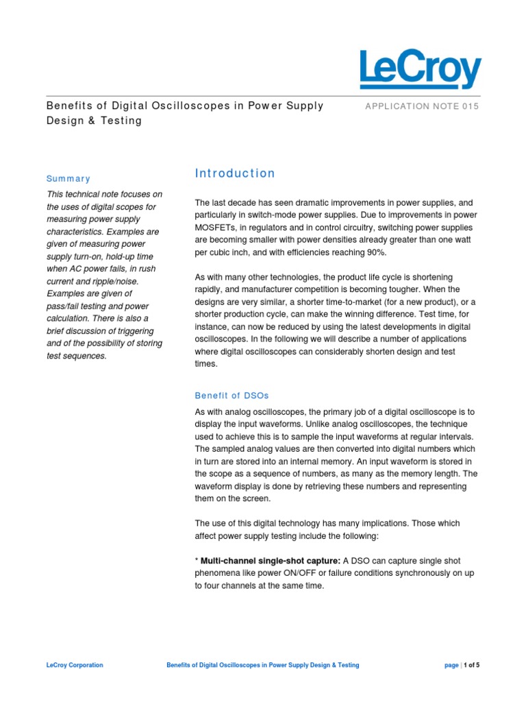 Digital Oscilloscopes Benefits for Power Supply Design | PDF | Power Supply | Computer Data Storage