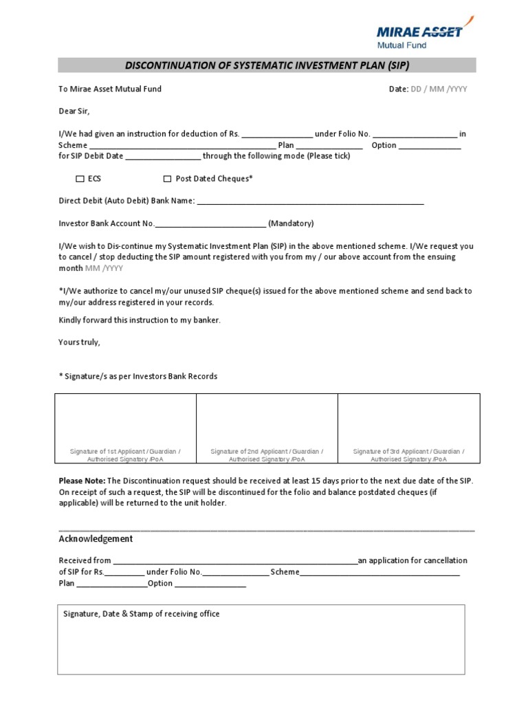 Mirae Asset Sip Cancel Form | PDF | Cheque | Debit Card