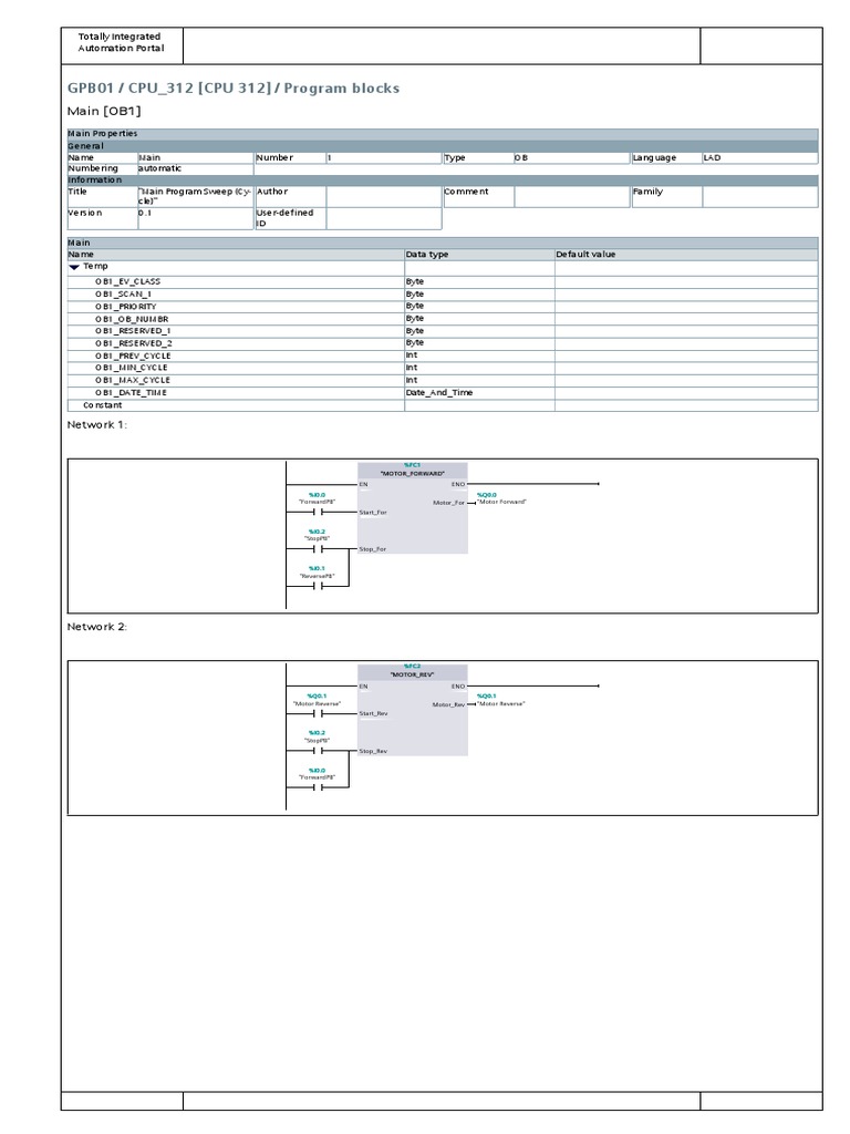 GPB01 / CPU - 312 (CPU 312) / Program Blocks: Main (OB1) | PDF | Integer (Computer Science) | Data