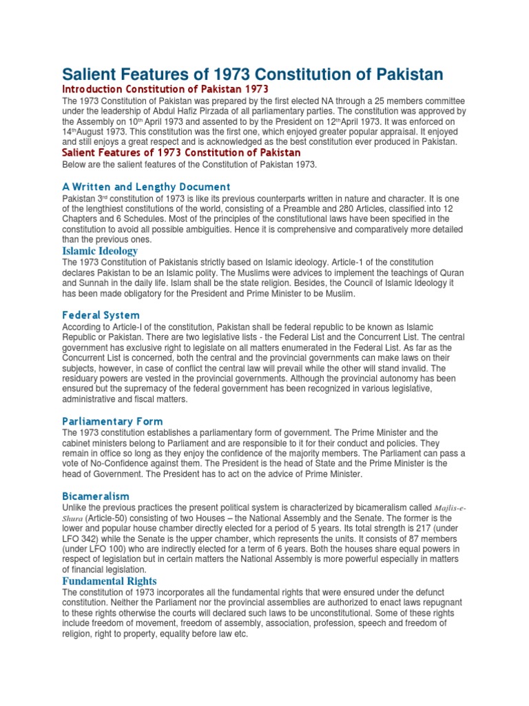 Salient Features of 1973 Constitution of Pakistan | Parliament Of ...