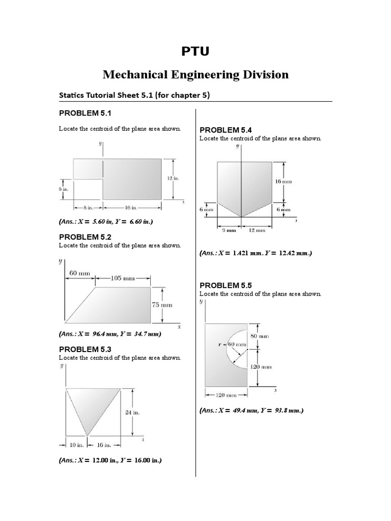 PTU Mechanical Engineering Division: Statics Tutorial Sheet 5.1 (For ...