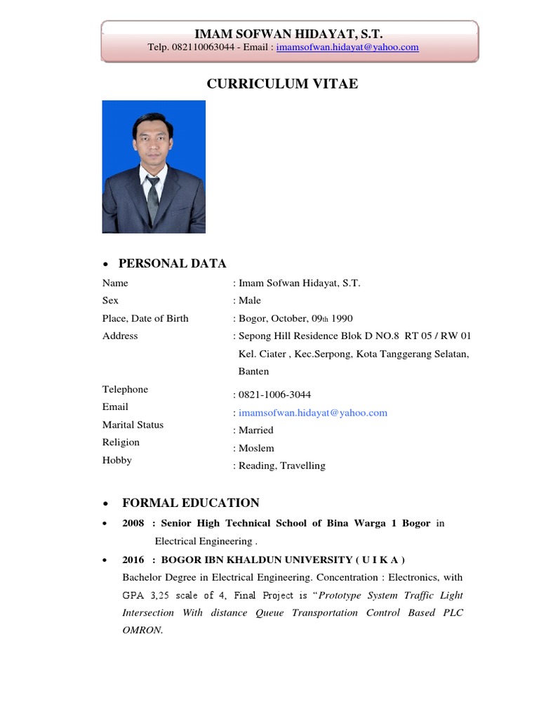 CV Imam Sofwan Hidayat | PDF | Calibration | Electrician
