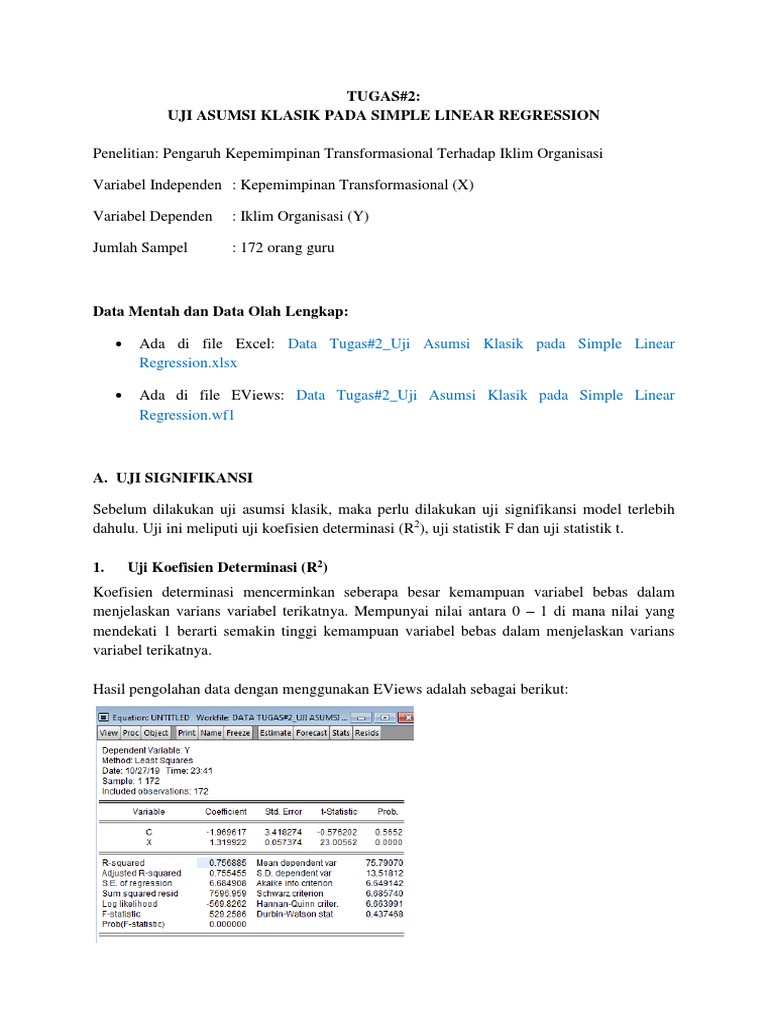 Uji Asumsi Klasik Pada Simple Linear Regression Pake EViews | PDF