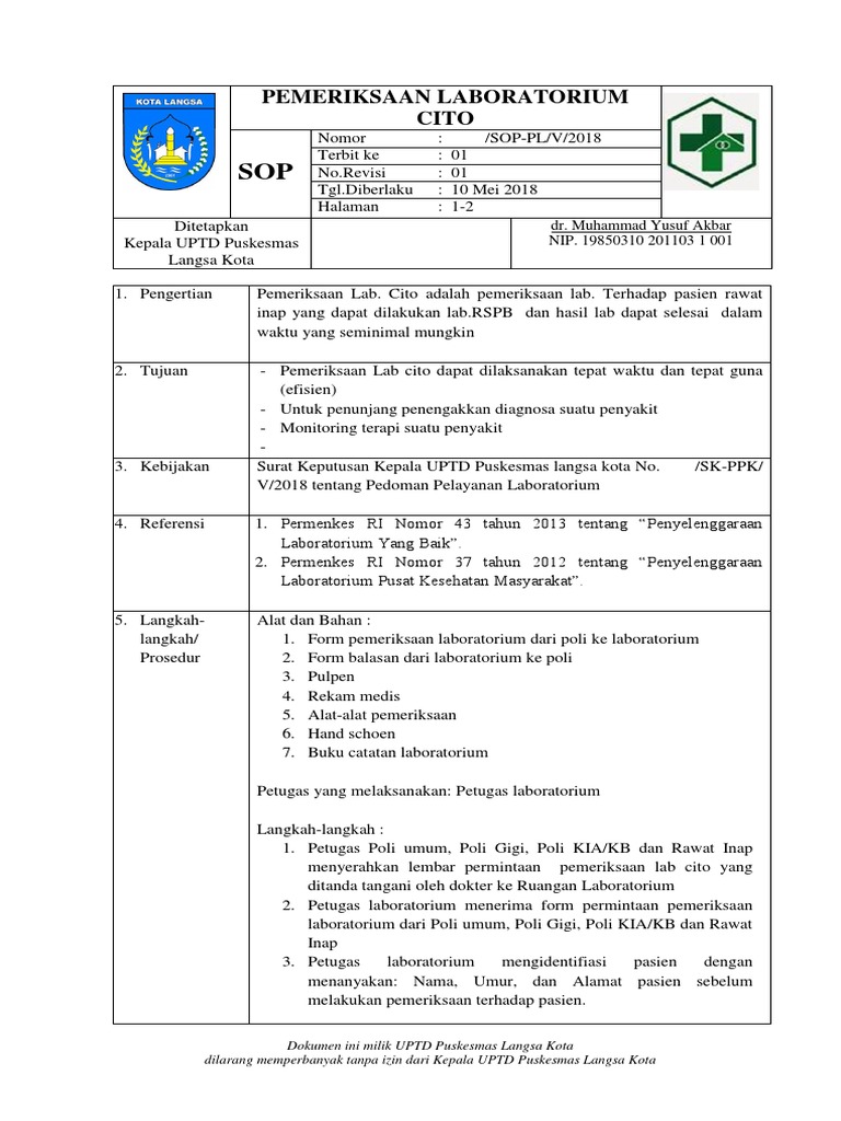 STANDAR OPERASIONAL PROSEDUR PEMERIKSAAN LABORATORIUM CITO | PDF